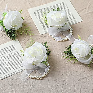 Garisey 4pcs Wedding White Rose Wrist Flowers Artificial Rose Flowers for Ceremony Prom Party Accessories (4 Wrist Corsage White)