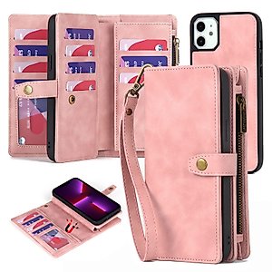 TwoHead for iPhone 11 Wallet case with Card Holder & Detachable Magnetic Phone case, PU Leather case Wallet for Women/Men,Wallet Phone Case (Pink)