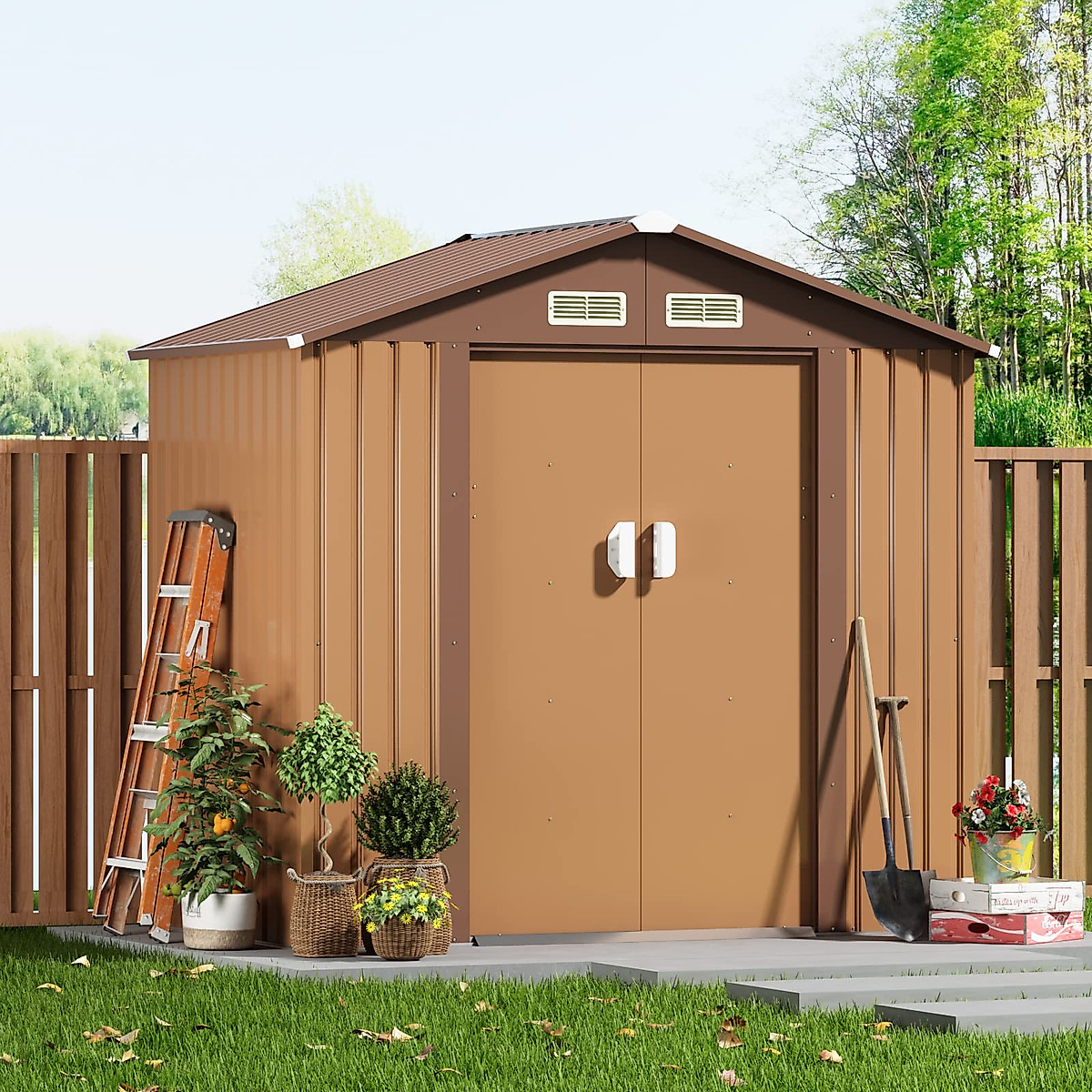 HOGYME 7' x 4.2' Metal Outdoor Storage Shed, Galvanized Steel Garden Shed & Outdoor Storage Suitable for Lawn Mower Bike, Backyard Tool Shed with Lockable/Sliding Door and Stable Base, 4 Vents, Coffee