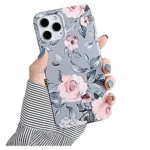 YeLoveHaw Designed for iPhone 14 Pro Case for Women Girls, Soft Slim Full-Around Protective Cute Case, Floral & Purple Gray Leaves Pattern, Compatible with iPhone 14Pro 2022 6.1'' (Pink Flowers)