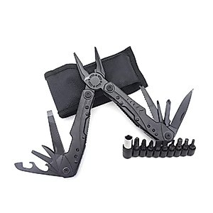 JNEPro Multi Tool | Folding Pocket Knife | 12 in 1 Multi Function Tool w/Nylon Pouch | Stainless Steel | Pliers, Screwdriver & 10 Screw Bits, Bottle/Can Opener, Metal File, Wood Saw | Black