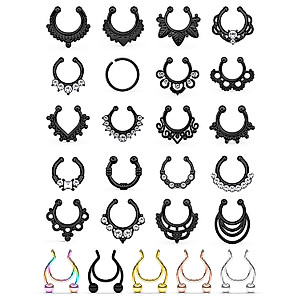 Prjndjw Fake Septum Nose Hoop Rings Stainless Steel Faux Lip Ear Nose Septum Ring Non Piercing Clip On Nose Hoop Rings Body Piercing Jewelry 25PCS Women Man Black