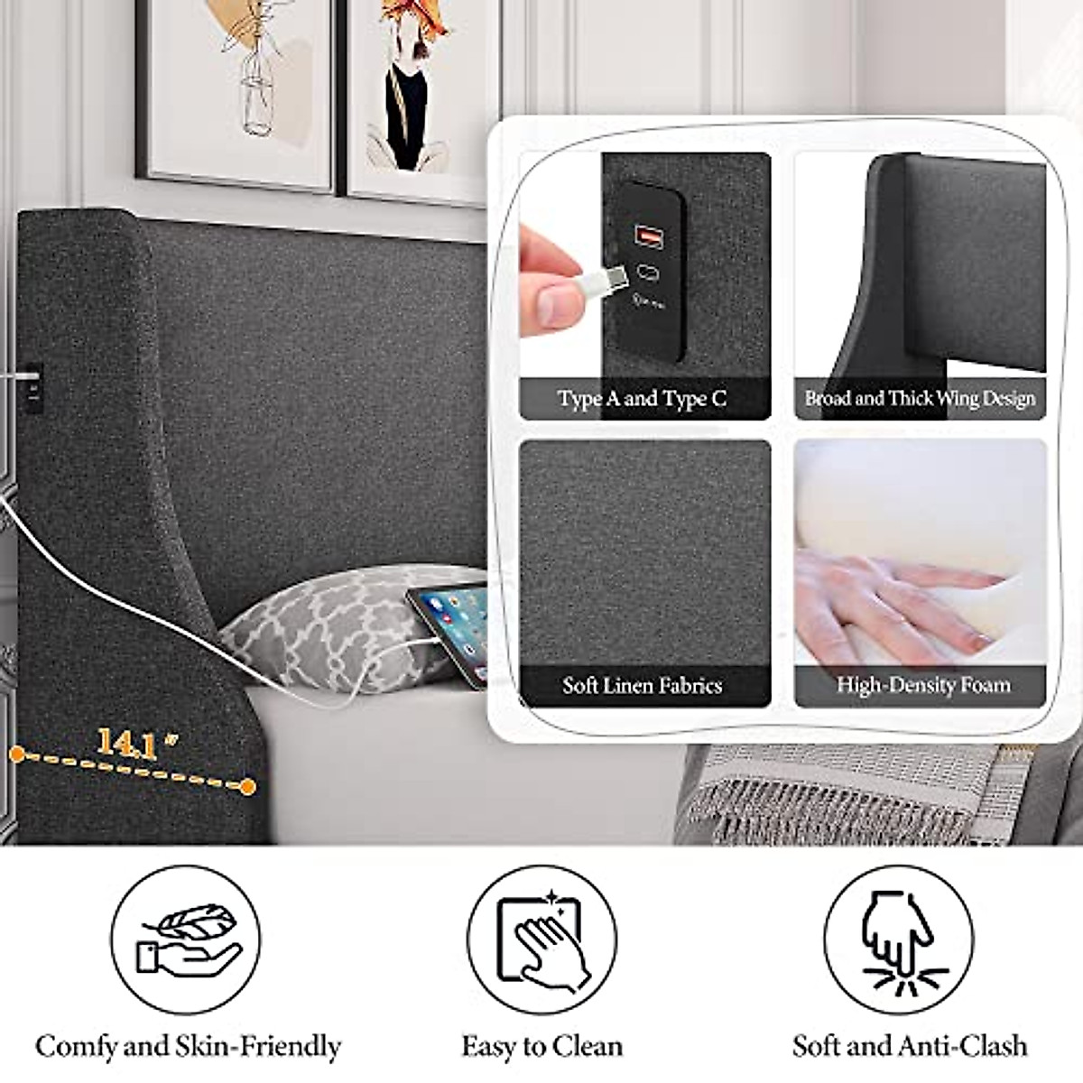 Yaheetech Queen Size Upholstered Bed Frame with 2 USB Charging Stations/Port for Type A & Type C/Linen Fabric Curved Headboard, Mattress Foundation, Strong Wooden Slats Support, Dark Grey