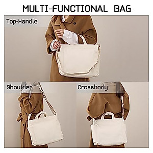 Plusfeel Canvas Tote Bag, Stylish Satchel Bag Lightweight Cotton Cross Body Top Zipper Closure Handbags for Women White