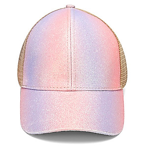 Glitter Distressed Mesh Girls Criss Cross Ponytail Hat for Kids High Messy Bun Ponycap…