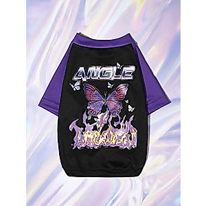 QWINEE Y2K Dog Tee Shirt Butterfly Print Colorblock Puppy T Shirt Soft Stretchy Shirts Pet Apparel for Small Medium Cats Dogs Black L