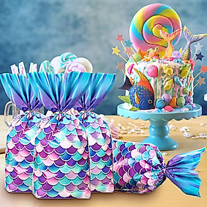 Frienda 100 Pcs Mermaid Party Favors Bags Goodie Candy Wide Bottom Cellophane Treat with Silver Twist Ties for Birthday Girls Supplies (Elegant Style)