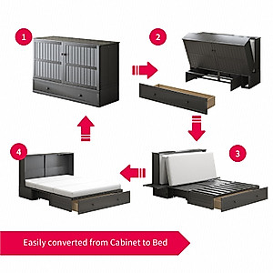 MUZZ Murphy Bed, Queen Size Cabinet Bed with Folding Foam Mattress, Foldable Space-Saving Cube Murphy Bed with Charging Station and Large Storage Drawer (Grey)