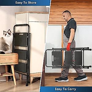 3 Step Ladder, Miscoos Folding Step Stool for Adults with Wide Anti-Slip Pedal, Sturdy Steel Ladder, Lightweight, Convenient Handgrip, Portable Kitchen& Household Small Step Ladder, Black