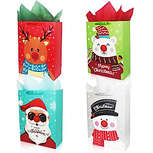 4 Pack 16.5" Extra Large Christmas Gift Bags, Xmas Paper Bags With Handles and Tissue Paper, Reusable Holiday Bags Bulk for Present Wrap Decor