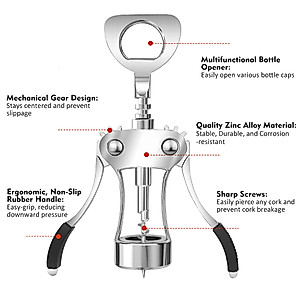 KORCCI Wine Opener, Wine Bottle Opener, Zinc Alloy Wing Corkscrew Heavy Duty, Cork Screw Beer Opener for Bartenders, Multifunctional Bottle Opener for Home Kitchen, Restaurant, Bar, Waiters