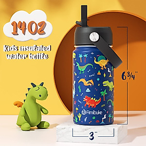 Fimibuke Kids Insulated Water Bottle, 14oz BPA FREE 18/8 Stainless Steel Travel Tumbler Double Wall Vacuum Leak Proof Kids Cup with Straw Metal Bottle for School Boys Girls(1 Pack, BLUE DINOSAUR)