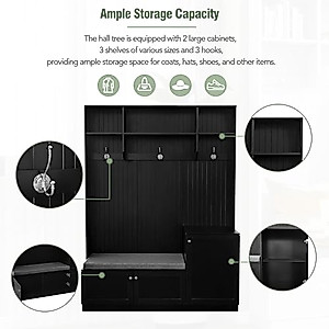 BNSPLY 59" Hall Tree with Bench and Shoe Storage, Modern Entryway Bench with Coat Rack and Cushion, Mudroom Bench with 2 Large Storage Cabinet,3 Metal Hooks and Top Shelves for Hallway (White)