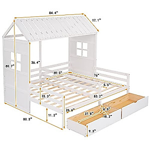 ODC Double Twin Size House Beds with 2 Drawers Solid Wood House Bed Frame for 2 Kids, Tent Bed for Boys Girls Teens Bedroom with Storage,Roof, Windows, Guardrail, 2 in 1 Bed No Box Spring Needed