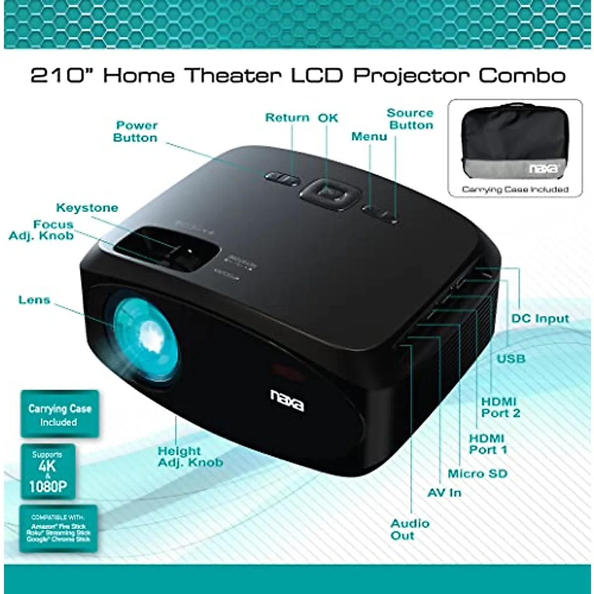 Naxa Electronics NVP-3003C 210″ Home Theater LCD Projector Combo with Remote and Case, HDMI x 2, USB 2.0, MicroSD Support, AV in, 3.5mm Headphone, Black (NVP-3003C)
