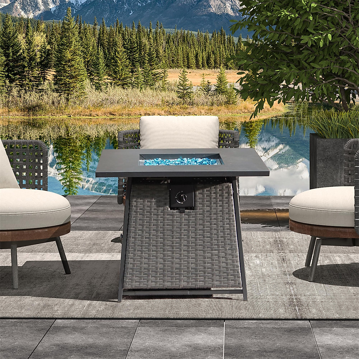 28 Inch Propane Fire Pits Table with Blue Glass Ball,50,000 BTU Outdoor Wicker Fire Table with ETL-Certified,2-in-1 Square Steel Gas Firepits (Dark Gray)