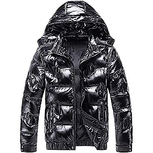 Dgoopd Winter Warm Men Puffer Coat Waterproof Lightweight Down Jacket Shiny Hooded Reflective Down Jacket Padded Jacket Coat Black