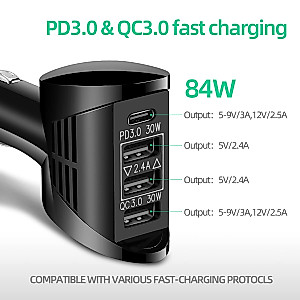 VISELER USB C Car Charger Adapter 84W 10.8A, 4 Port Fast Car Charger, PD3.0 QC3.0 Car Phone Charger Fast Charging Compatible with iPhone 13 12 11 Pro Max, Samsung Galaxy S21 20/Note 20, Pixel, LG.
