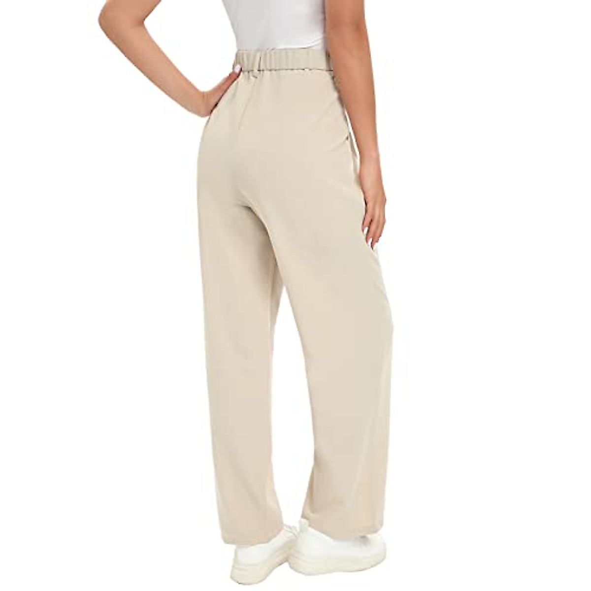 Tapata Womens Wide Leg High Waist Straight Leg Casual Pants Stretch Comfy Pockets Relaxed Fit, Beige, 6