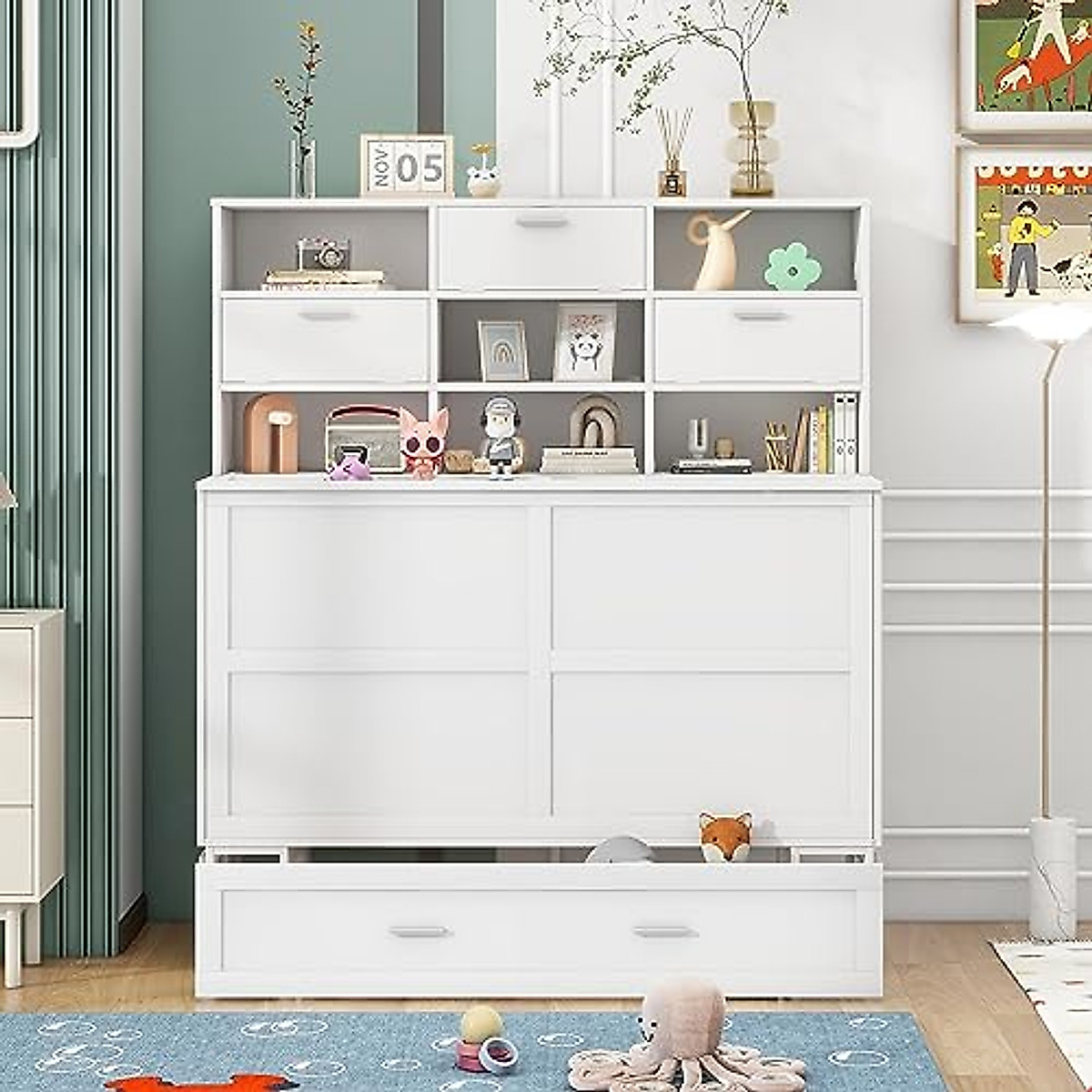 Queen Size Murphy Bed with Bookcase, Bedside Shelves and a Big Drawer, Multi-Functional Murphy Bed for Kids, Teens Bedroom, Space Saving Design & Easy Assembly (White-)