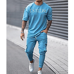 TZIISOA Men's Tracksuits 2 Piece Outfit Casual Short Sleeve Sweat (Blue,L)