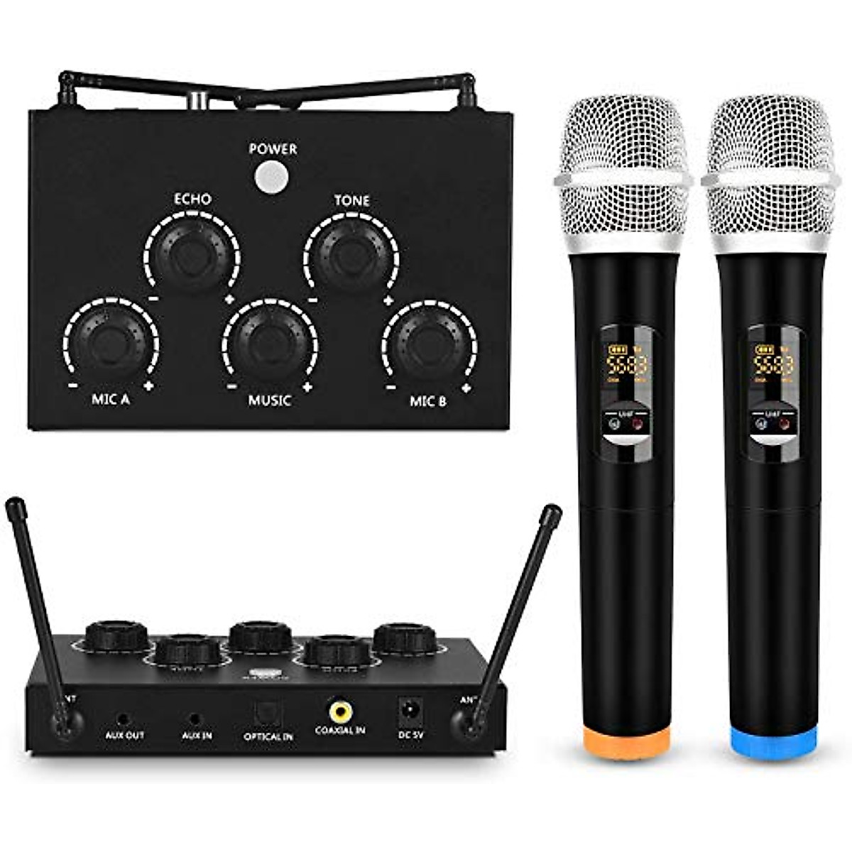 Portable Karaoke Microphone Mixer System Set with Dual UHF Wireless Mic, 3.5mm AUX/Optical/Coaxial in Singing Receiver for KTV, Amplifier, Speaker