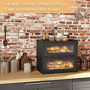 Alpeir Double Layer Large Bread Box for Kitchen Counter, Wooden Corner Bread Storage Container with Acrylic Window, Black