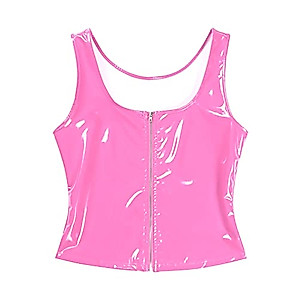 Oyolan Sexy Women PVC Leather Wet Look Zipper Open Crop Tank Tops Latex Moto Biker Punk Tops Blouse Pink Small