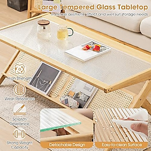 GOFLAME Bamboo Coffee Table, 2-Tier Rectangular Coffee Table with Glass Tabletop, Modern Center Table with Handwoven Rattan Storage Shelf, 48” Tea Table Cocktail Table for Living Room, Office, Natural