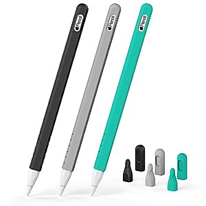 Laviitp 3 Pack Case for Apple Pencil Pro 2024 & 2nd Generation: Protective Cover Sleeve Accessories for iPencil 2nd Gen w/ 6 Nibs Cover Silicone Grip Skin for iPad Pencil, Black+Grey +Green