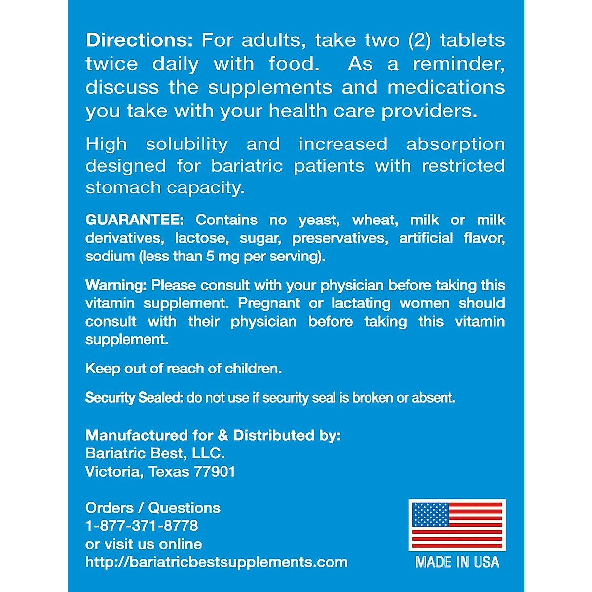 Bariatric Calcium Citrate with Vitamin D3 – Specially Formulated for Post-Bariatric Surgery - Easily Dissolvable for Fast & Effective Absorption - Made in The USA - 600mg, 120 Tablets per Bottle