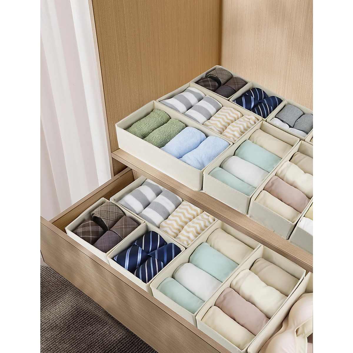 Fordonral Set of 12 Drawer Organizer, Fabric Closet Organizer and Storage Baskets,Foldable Drawer Divider for Clothing,Sock,Ties,Underwear Drawer Organizers,Set of Cabinet Storage Boxes (Beige)
