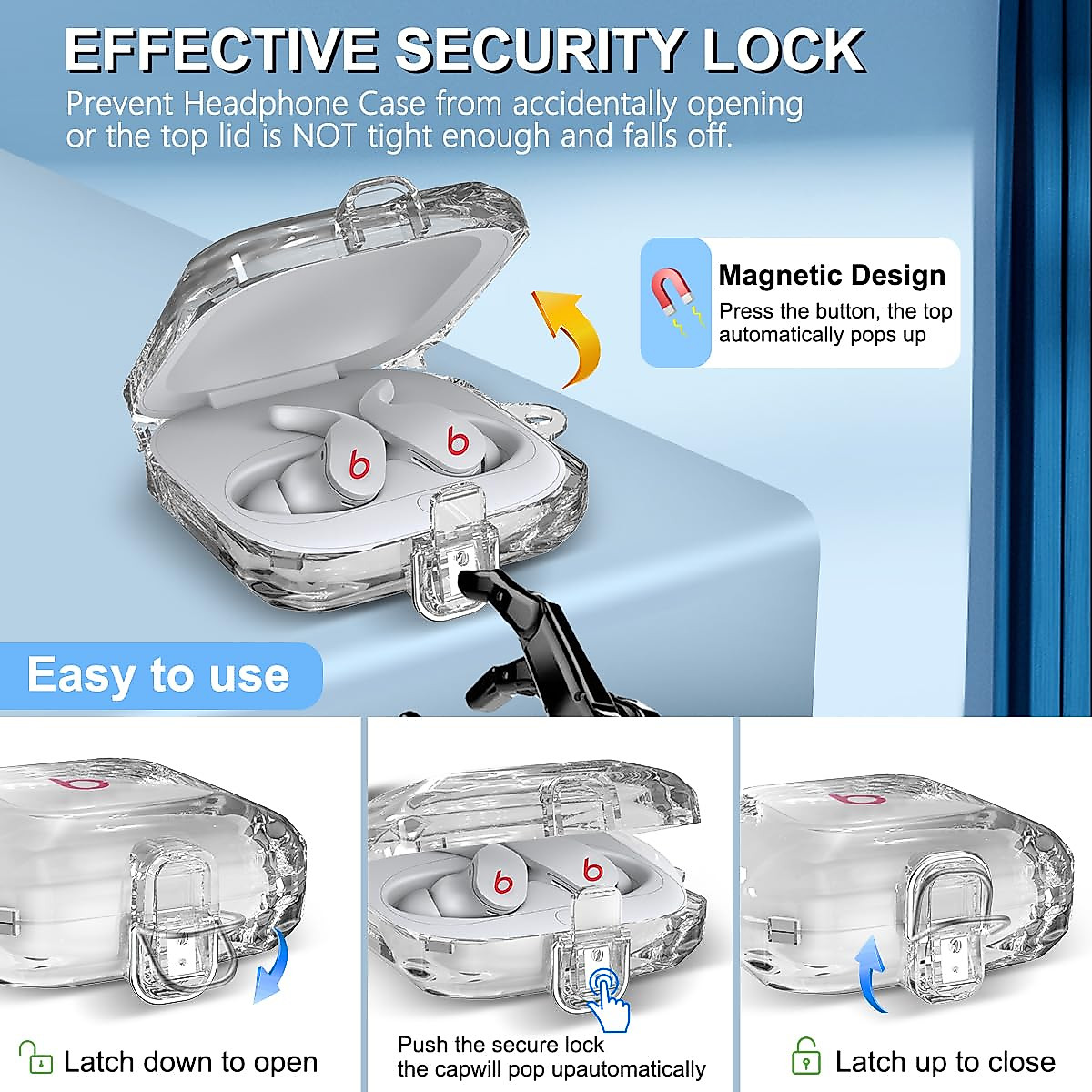 [Upgrade Lock] Beats Fit Pro Case with Lock, PC Shell Clear Case for Beats Fit Pro Charging Case, Full Protective Safety Lock Case Cover for Beats Fit Pro Accessories with Keychain/Cleaner Pen (Clear)