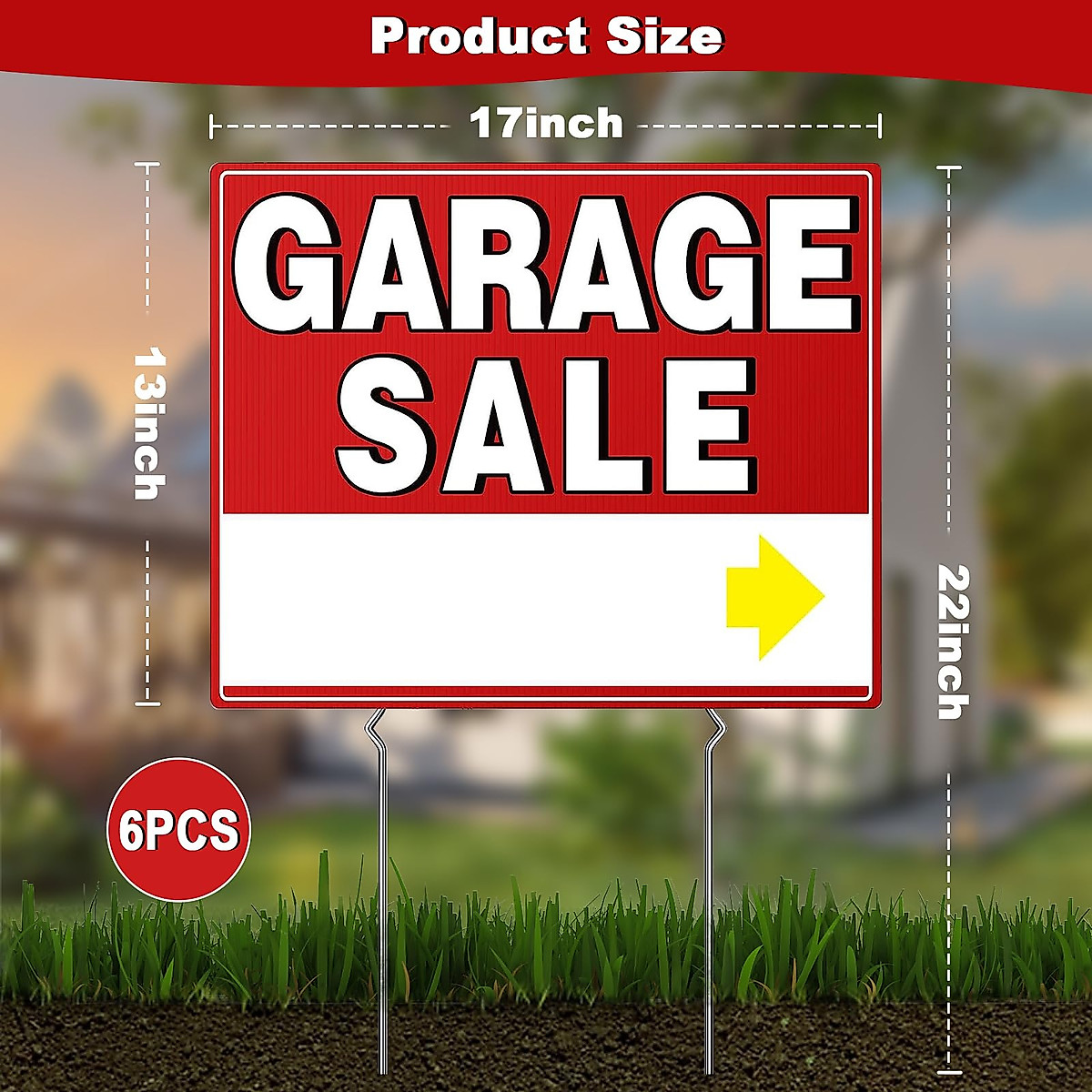 Garage Sale Sign, 17" x 13" Garage Sale Signs with Stakes, Yard Sale Signs with Stakes, Weather-proof Garage Sale Sign with Arrow Garage Sale Signs with Metal Stakes for Outdoor Estate (6 Pcs)
