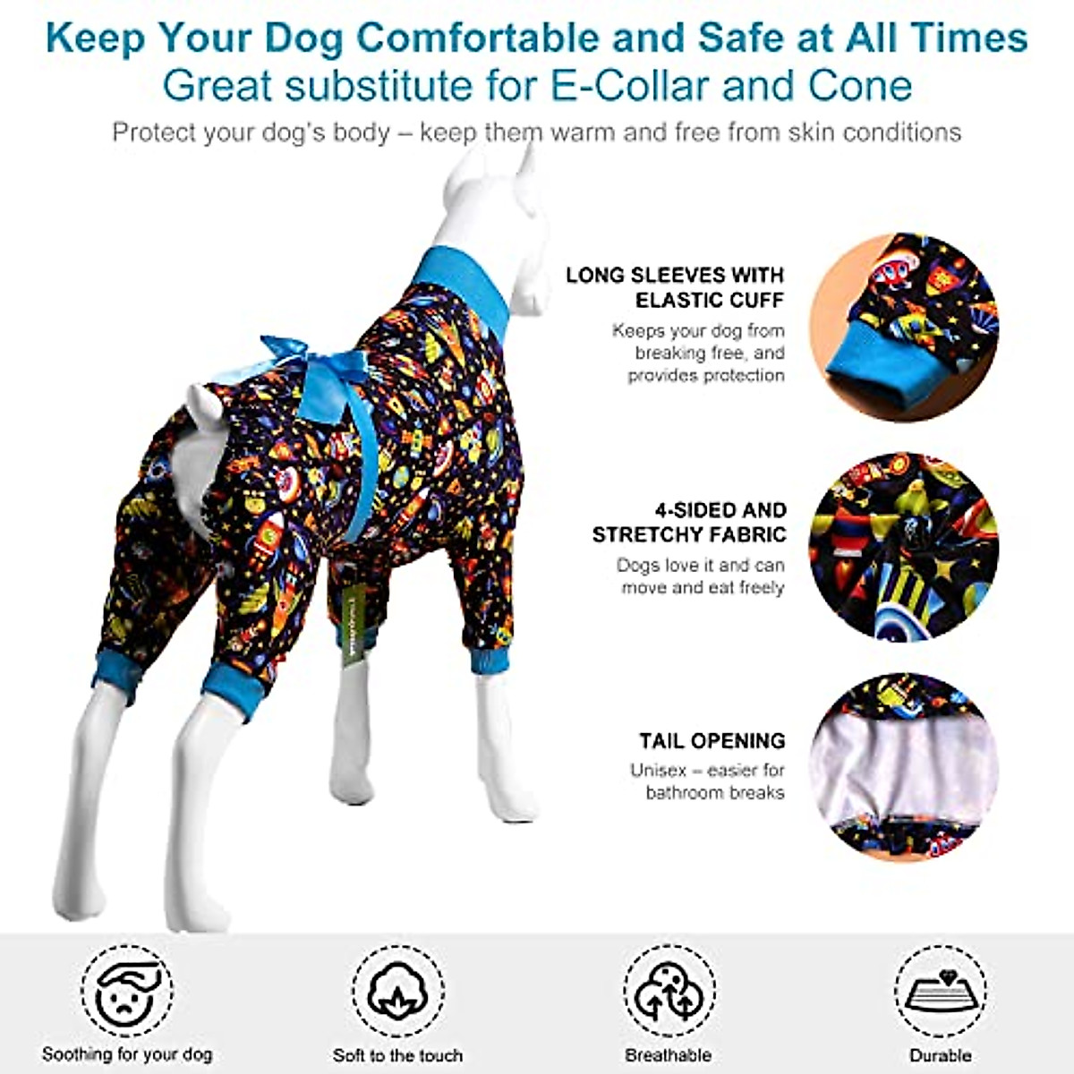 LovinPet Pajamas Dog Clothes - Large Dog Pajamas, Post Surgery Recovery Shirt, Stretchy Fabric, Aim for The Moon Flannel Navy Print, Dog PJ's, Anti Licking, Easy Wear Dog Jammies,Black Blue M