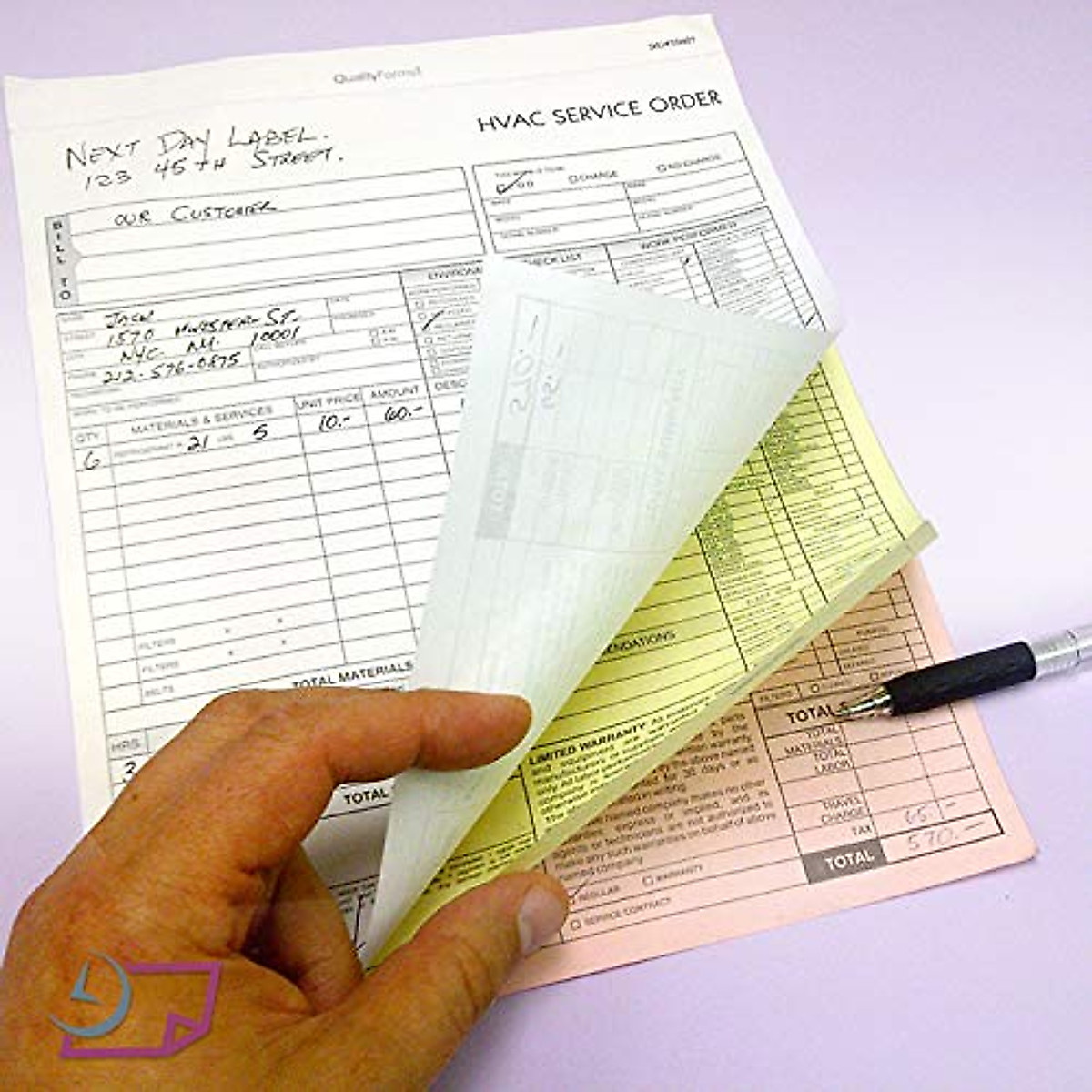 HVAC Service Order Invoice & Repair Detail Form, 3 Part Carbonless (100 Sets) Letter Size Forms