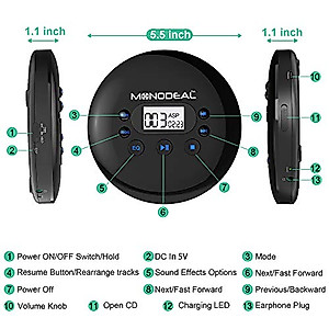 Portable CD Player, MONODEAL Rechargeable Personal Compact Disc CD Player with Headphones, Anti-Skip Small Walkman Music CD Player for Cars Adults Kids Students (with Larger LCD Display)