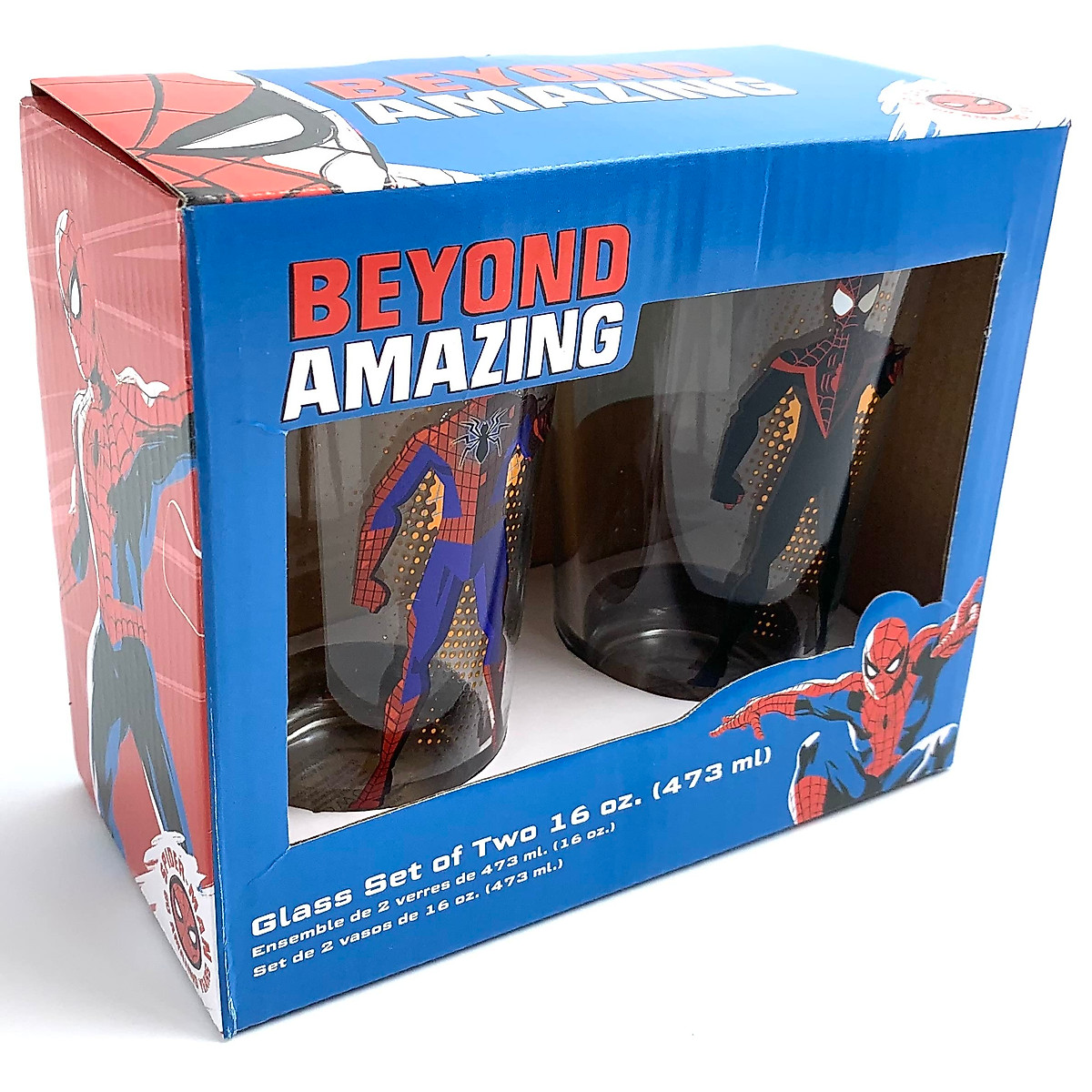 Bioworld Beyond Amazing 60th Anniversary Spider-Man 16oz Pint Glass Set, Pack of 2 Drinking Glasses