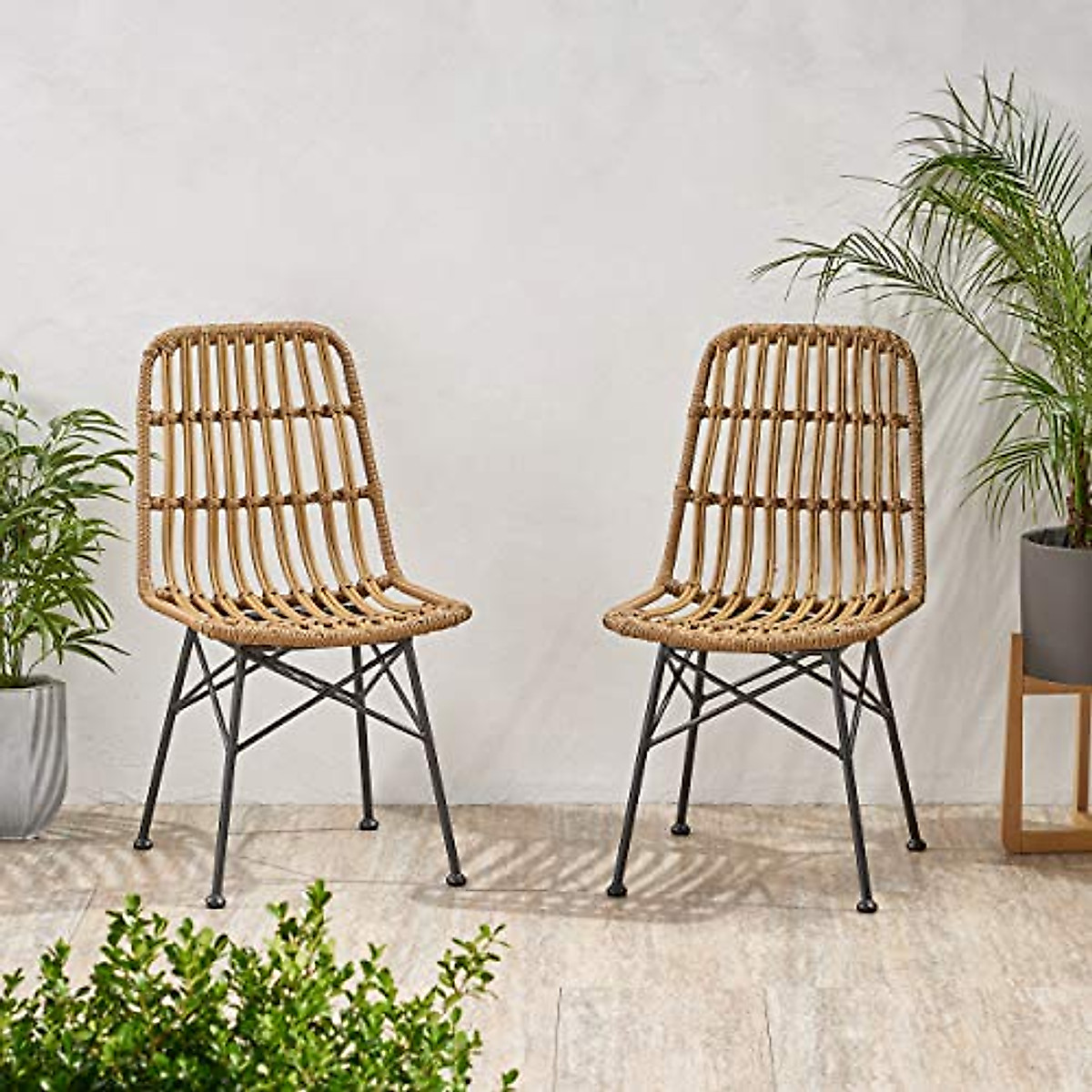 Great Deal Furniture Yilia Outdoor Wicker Dining Chair (Set of 2), Light Brown and Black