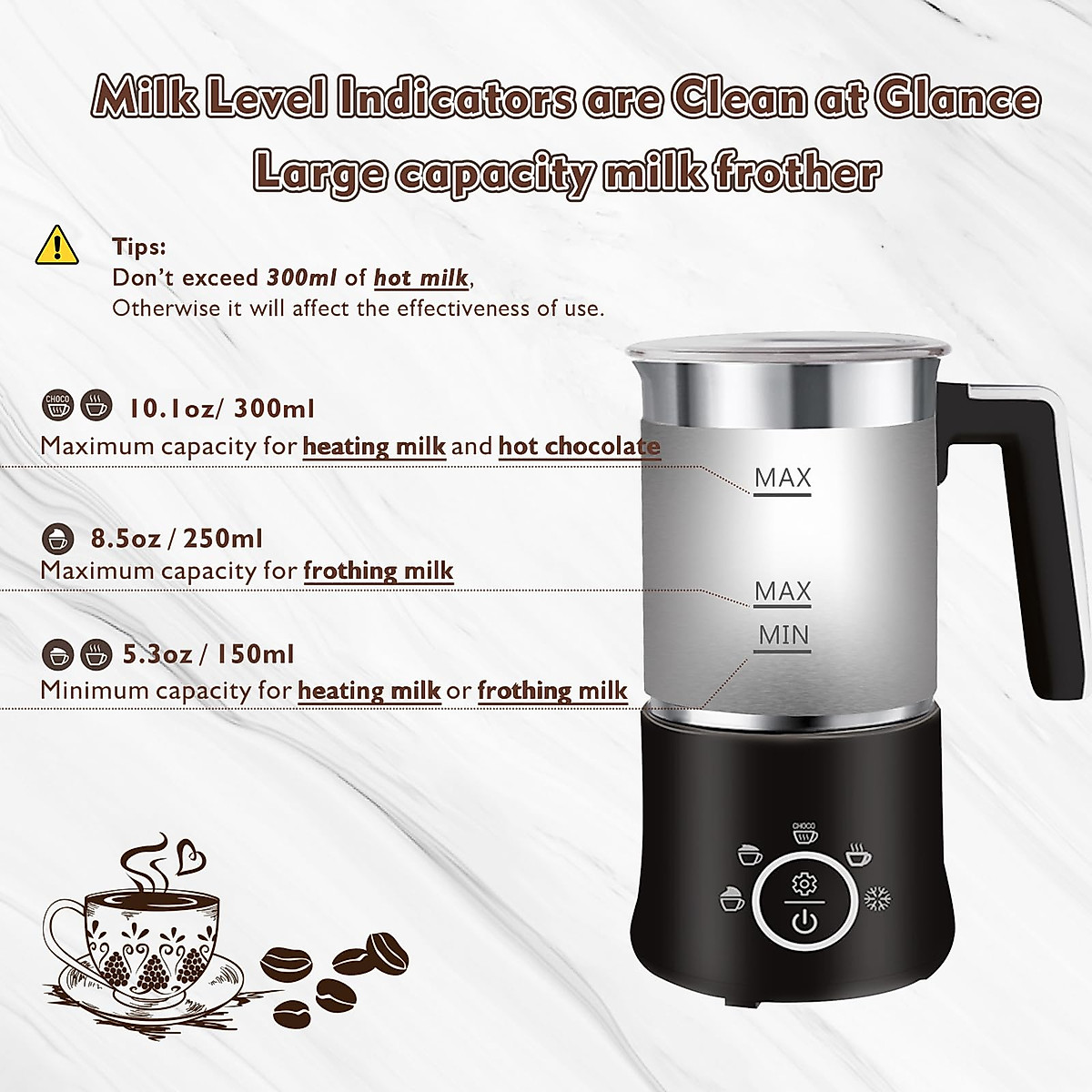 Huogary Detachable Milk Frother 5-in-1 Electric Milk Frother and Steamer Stainless Steel Milk Foamer Frother Cold Foam Hot Chocolate Maker with Dishwasher Safe