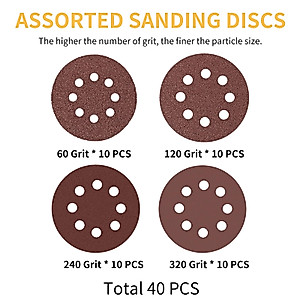 KAFUWELL 5 Inch Sanding Discs Hook and Loop, 8 Hole Random Disc Sanders & Orbital Sander Sandpaper for Wood with Variety Pack, 60, 120, 240, 320 Grit - 40 PCS Dustless Round Sanding Discs