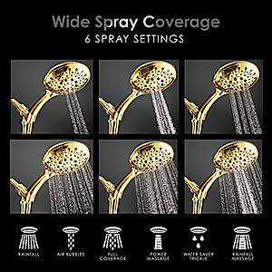 Aquarius Gold Shower Head With Handheld Sprayer, 6 Spray Settings High Pressure Polished Brass Shower Head With Hose (Extra Long) & Adjustable Brass Ball Bracket Kit, Shower Head Gold Finish