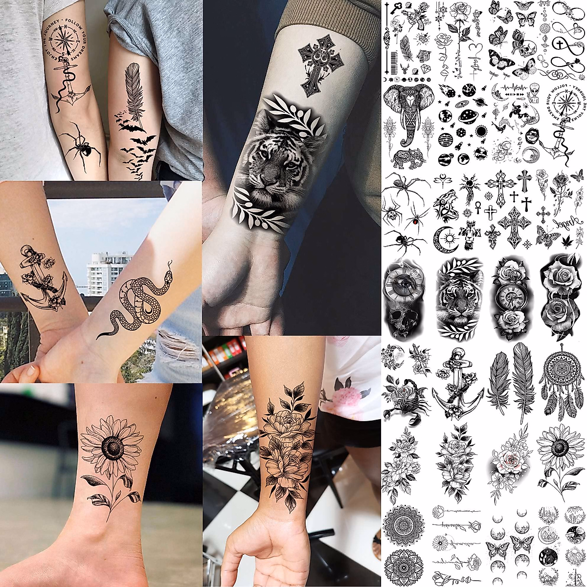 Bilizar 64 Sheets Long Lasting Flower Temporary Fake Tattoos For Women Arm Neck, Jellyfish Sunflower Moon Rose For Adults Girl, 3D Temp Realistic Snake Tatoo Stickers Serpent Peony Floral Kids