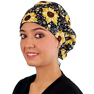 Sparkling EARTH Sunflowers on Black Riley Medical Scrub Caps with Flat Front and Roomy Back - Adjustable Cord Lock Closure - Made in The USA