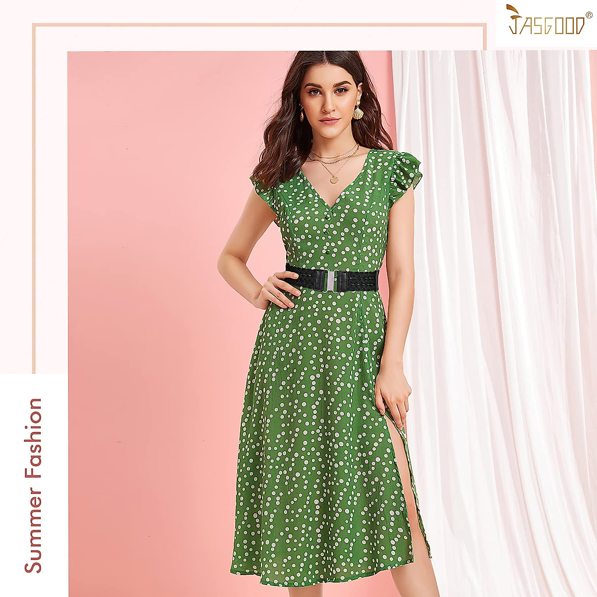 JASGOOD Straw Woven Elastic Belt Summer Boho Braided Dress Belt Women Stretch Waist Belt, C-Black, Fit Waist 30"-34"