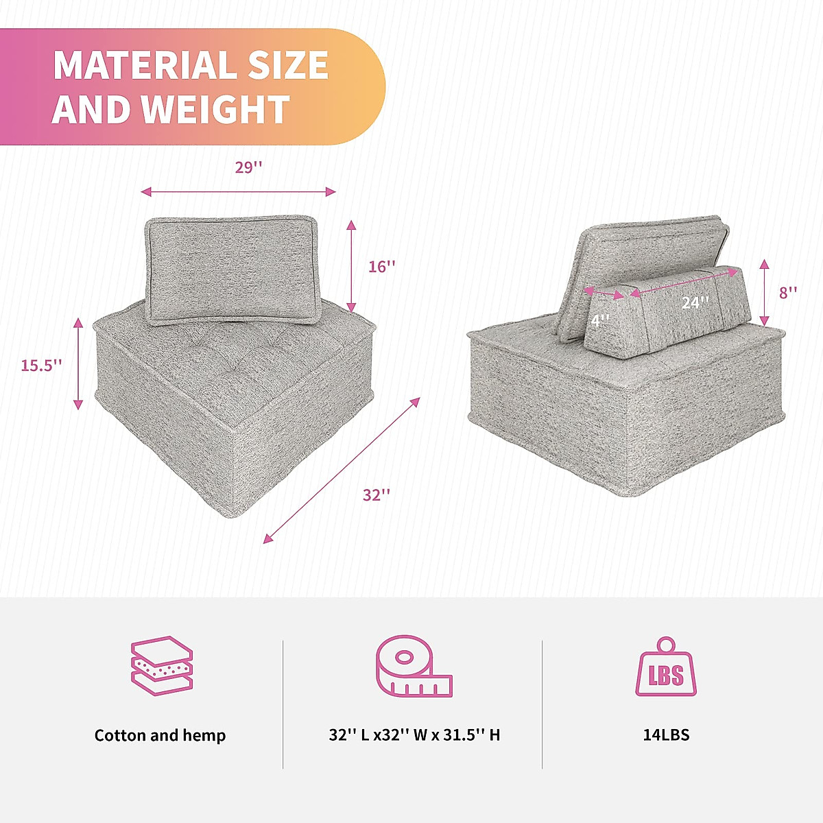 Mixoy Modular Sectional Sofa, Couch for Living Room Office Apartment Resting, 1 PCS DIY Combination Oversized Sleeper Sofa Bed, Comfy Floor Couch | Light Grey