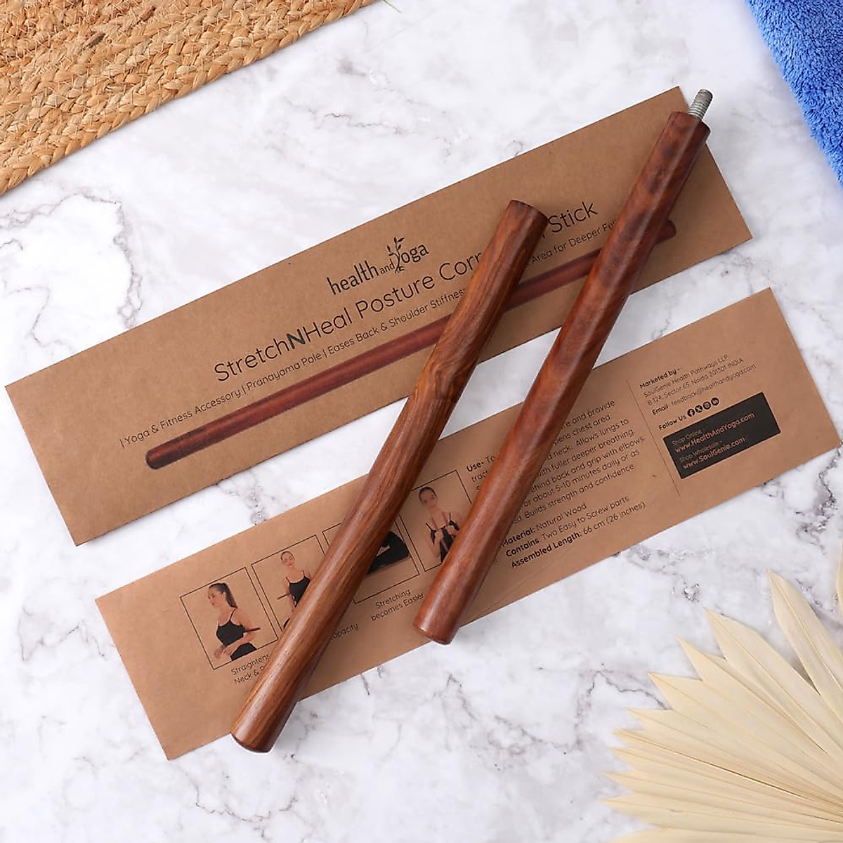 HealthAndYoga™ StretchNHeal Multi-Use Wooden Yoga Stick - Portable Posture Corrector Pole, Stretch and Mobility Stick,Physical Workout Exercise Dowel (Regular - 26")