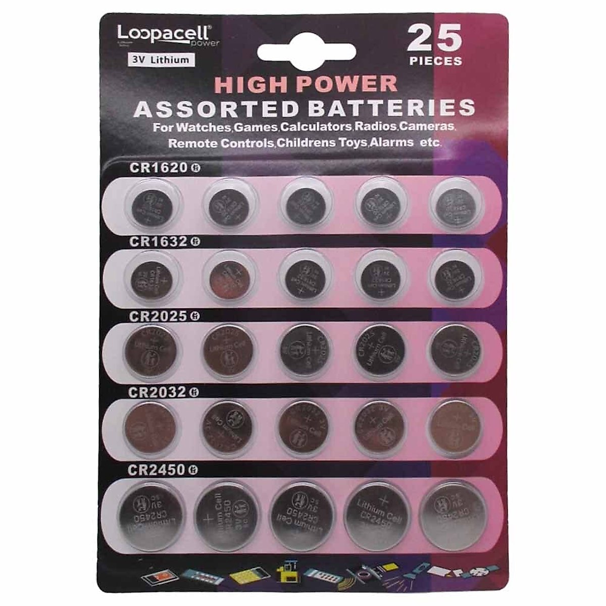 Loopacell High Power Button Cell 3V Lithium Assorted Battery CR2032 CR2025 CR2450 CR1620 CR1632, 25 Piece Set