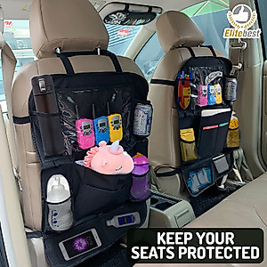 Backseat Car Organizer 1 Pack by Elitebest – 1Car Seat Organizer and Kick Mats for Road Trips – Car Backseat Organizer for Kids with USB Headphone Slits and Storage Pockets for Organization