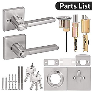 HOSOM Entrance Door Lock Set with Single Cylinder Deadbolts Combo Pack, Modern Slim Square Door Lever for Exterior and Interior Door, Satin Nickel